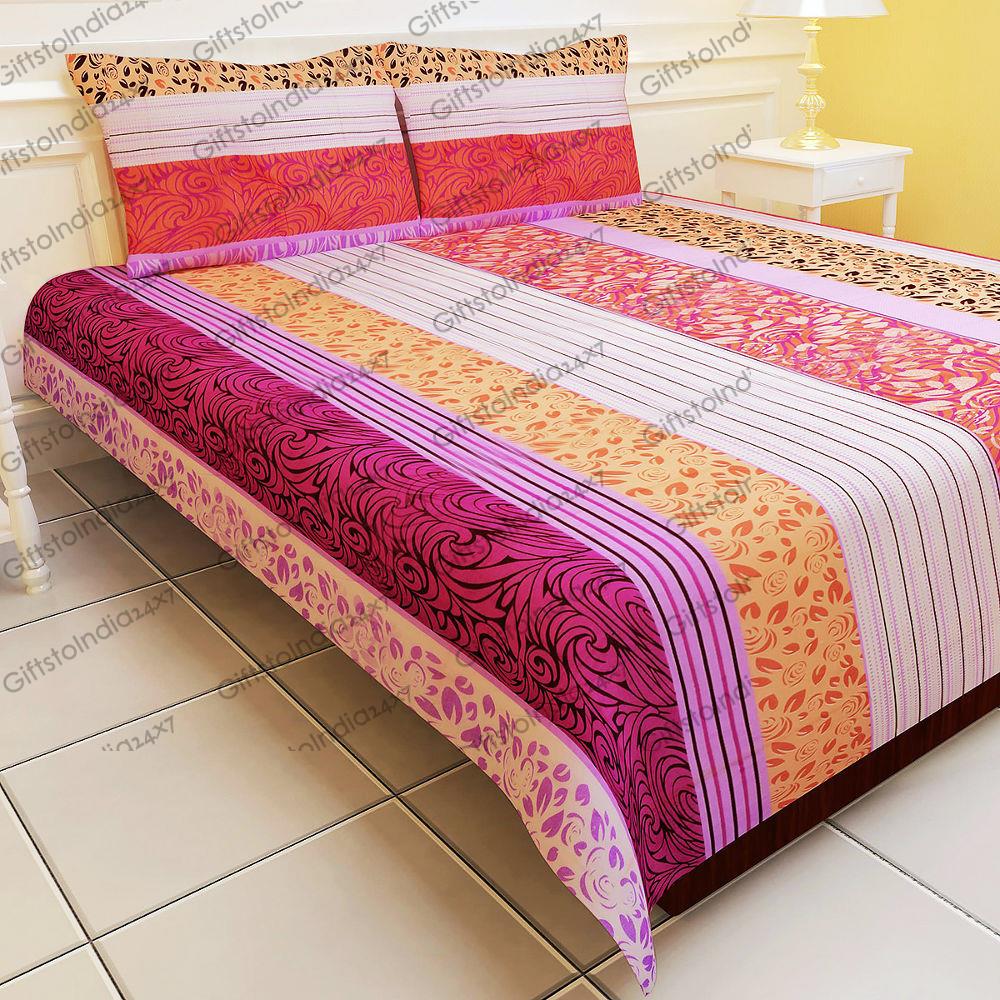 Multi-coloured bedsheet in vertical pattern with leaf prints and ...